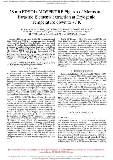 Pdf 28 Nm Fdsoi Nmosfet Rf Figures Of Merits And Parasitic Elements Extraction At Cryogenic