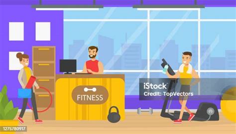 피트니스 클럽 리셉션 세스크 와 남성 접수 체육관 플랫 벡터 일러스트에서 스포츠 운동을하는 사람들 건강한 생활방식에 대한 스톡