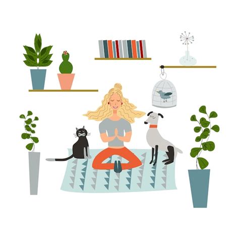 거실에서 요가를 연습하는 행복한 건강한 청년 벡터 프리미엄 벡터