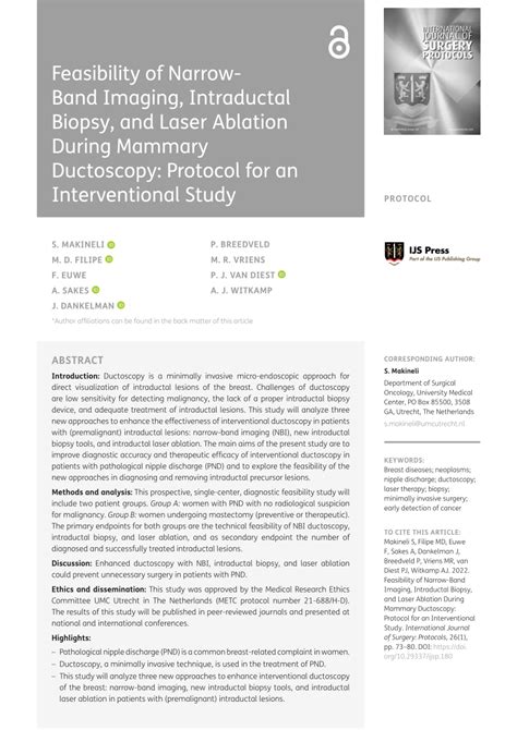 Pdf Feasibility Of Narrow Band Imaging Intraductal Biopsy And Laser Ablation During Mammary