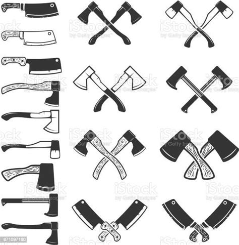 흰색 배경에 고립 도끼 아이콘의 집합입니다 고기 칼입니다 아이콘 레이블 상징 기호 포스터 디자인 요소입니다 벡터 일러스트입니다 강철에 대한 스톡 벡터 아트 및 기타 이미지