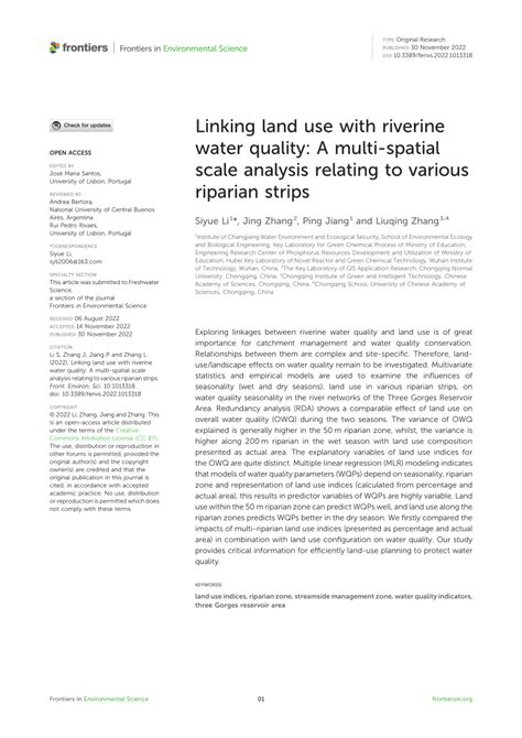 Pdf Linking Land Use With Riverine Water Quality A Multi Spatial Scale Analysis Relating To