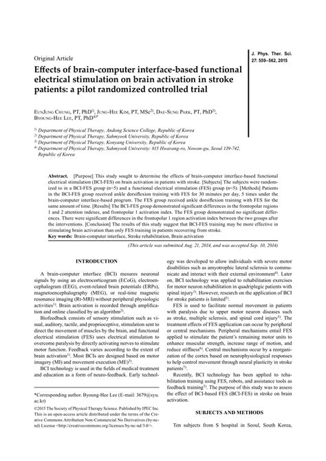 Pdf Effects Of Brain Computer Interface Based Functional Electrical