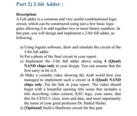 Part Bit Adder Description A Full Adder Is A Chegg Com