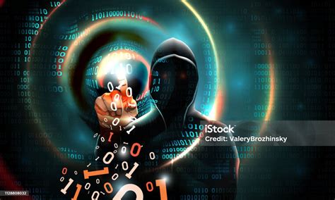 Computer Hacker With A Hood Touches The Touch Screen Binary Code Light