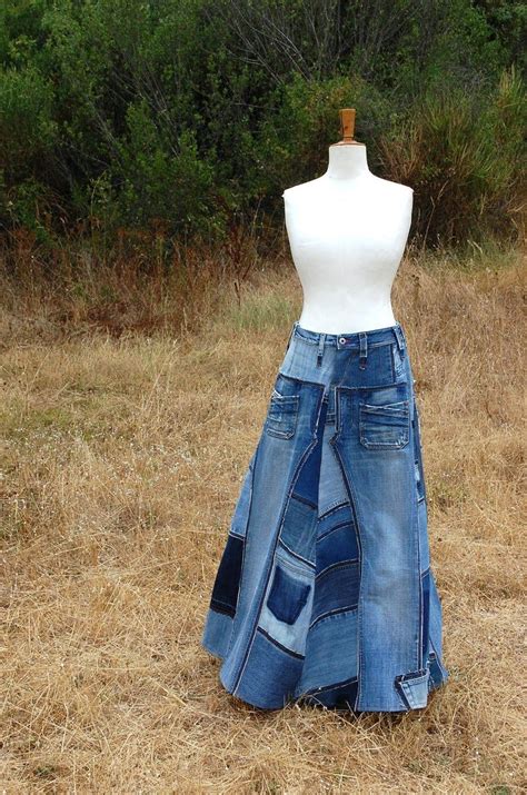 Long A Line Skirt Patchwork Blue Denim Skirt In Patchwork Of Recycled Jeans Made To Measure