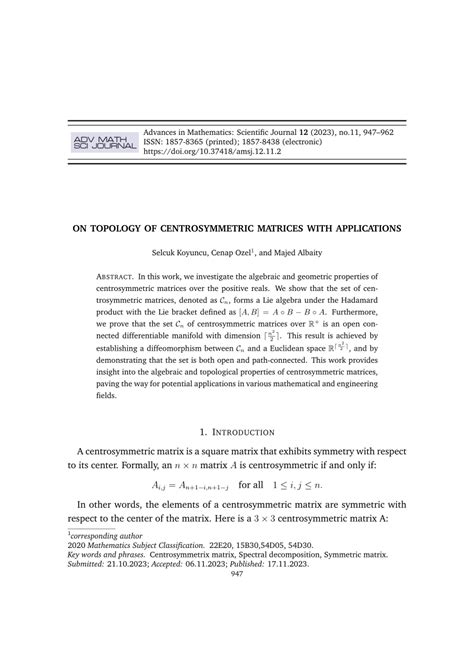 Pdf On Topology Of Centrosymmetric Matrices With Applications