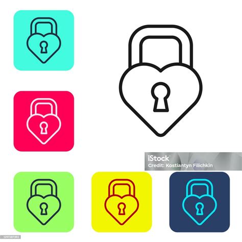 흰색 배경에 고립 된 하트 아이콘모양의 검은 선 성 잠긴 심장 사랑 기호 및 열쇠 구멍 기호 색상 정사각형 단추로 아이콘을