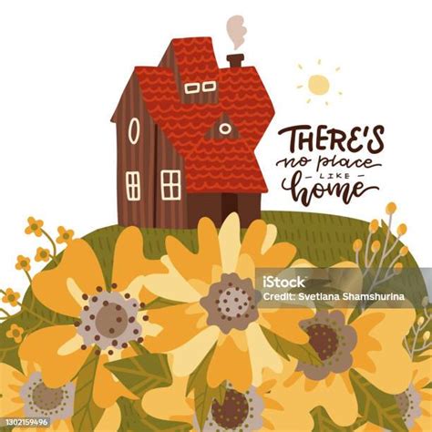 꽃 언덕에 아늑한 집이있는 손으로 그린 문자 타이포그래피 배너 집과 같은 장소는 없습니다 프린트 키즈 룸 장식 포스터에 대한 벡터 평면 일러스트와 서예 집 내부에 대한 스톡