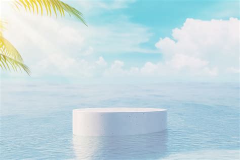 팜 비치와 푸른 하늘 추상적인 배경에 제품 전시 프리젠테이션을 위한 복사 공간이 있는 3d 연단 열대 여름과 휴가 개념 3차원 형태에 대한 스톡 사진 및 기타 이미지