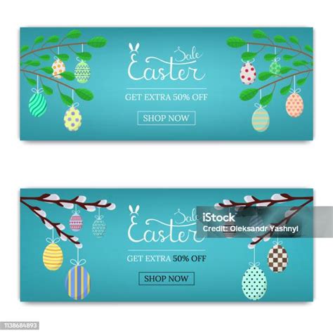 부활절 세일 할인 서 예 레터링 비문 전단지 또는 녹색 가지와 버드 나 뭇 가지에 다른 매달려 부활절 달걀 브로셔 디자인에 대 한 벡터 일러스트 레이 션 웹 부활제에 대한