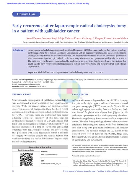 Pdf Early Recurrence After Laparoscopic Radical Cholecystectomy In A