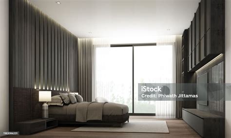 침실 현대 미니멀 스타일 내장 헤드 보드와 어두운 나무와 검은 색 타일 Tv 캐비닛 3d 렌더링 0명에 대한 스톡 사진 및 기타 이미지 Istock