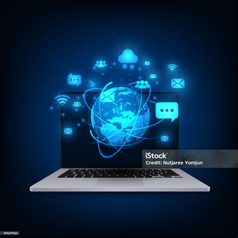 벡터 소셜 미디어 커뮤니케이션 개념입니다 인터넷 네트워크 연결이 가능한 노트북 기술 추상적인 배경입니다 노트북에 대한 스톡 벡터