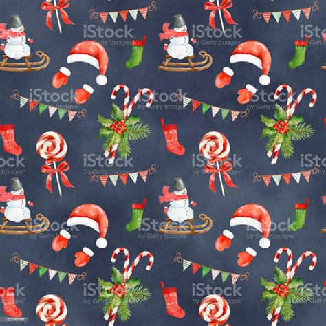 눈사람 사탕 지팡이 홀리 와 어두운 배경에 다른 크리스마스 요소와 수채화 크리스마스 패턴 손으로 그린 수채화 일러스트 12월에 대한 스톡 벡터 아트 및 기타 이미지 Istock