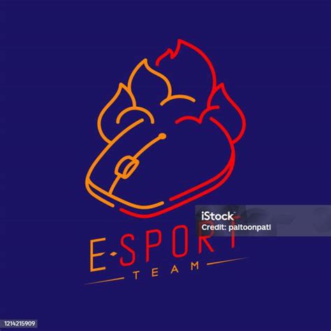 Esport 로고 아이콘 개요 스트로크 이스포츠 팀 텍스트와 복사 공간 벡터 Eps 10 어두운 파란색 배경에 격리 화재 디자인 일러스트와 마우스 게이밍 기어 Brand