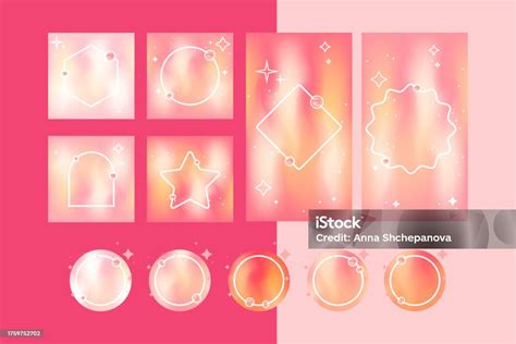 피드 게시물 스토리 기하학적 모양의 하이라이트 원 별 다각형 마름모 아치를 포함한 귀여운 분홍색 소셜 미디어 템플릿 컬렉션 귀여운 Y2k 스타일 흐릿한 분홍색 그라데이션