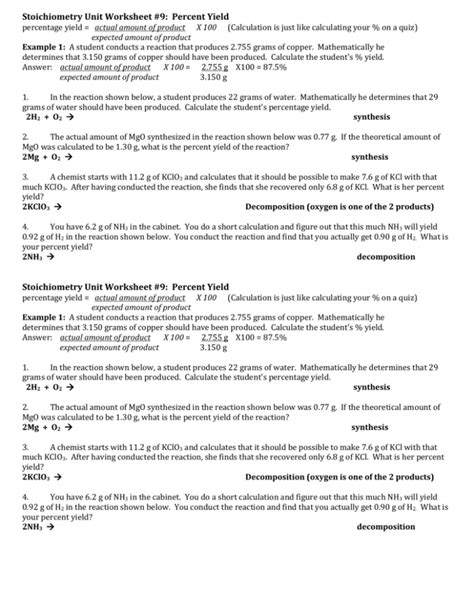 Percent Yield Stoichiometry Worksheet