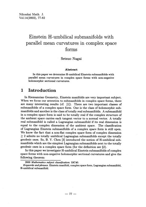 Pdf Einstein H Umbilical Submanifolds With Parallel Mean Curvatures In Complex Space Forms