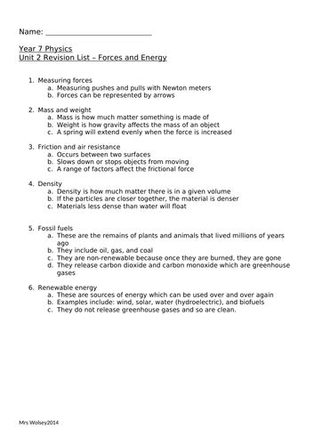 Ks3 Forces And Energy Revision Booklet Teaching Resources