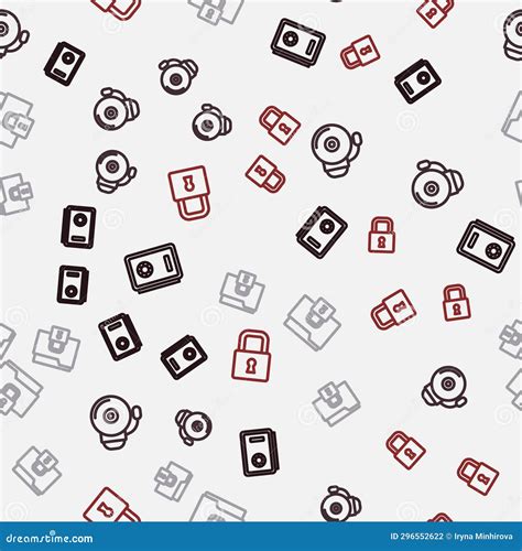 Set Line Safe Ringing Alarm Bell Folder And Lock And Lock On Seamless Pattern Vector Stock