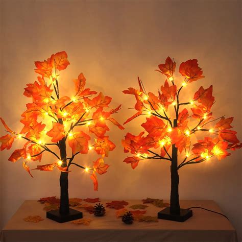 2 Pack Fall Lighted Maple Tree 48 Led Lights Thanksgiving Decoration