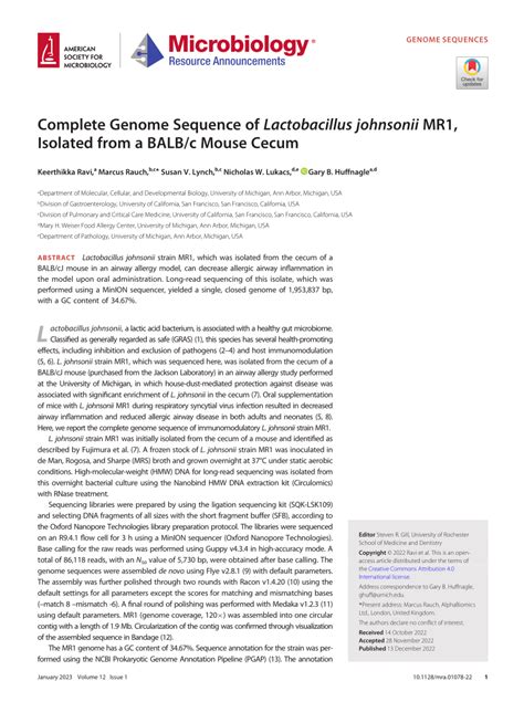 Pdf Complete Genome Sequence Of Lactobacillus Johnsonii Mr1 Isolated