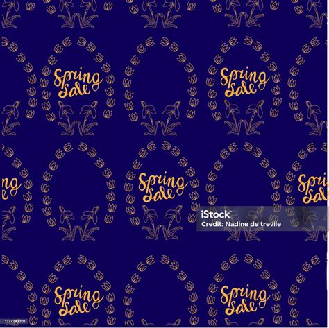 원활한 판매 패턴 아르 데코 스타일의 레터링 판매 고귀한 진한 파란색 배경에 눈방울로 장식 된 금색 오렌지 계란 디자인 기프트 카드 패키지 봄 세일 쿠폰을 위한 템플릿 벡터