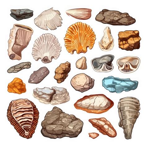 Fossils Set Archeologic Fossil Dig Collection Isolated Fossilized Prints Of Prehistoric Plants
