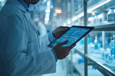 Medical Researcher Analyzing Data On Digital Tablet In Laboratory Environment Surrounded By