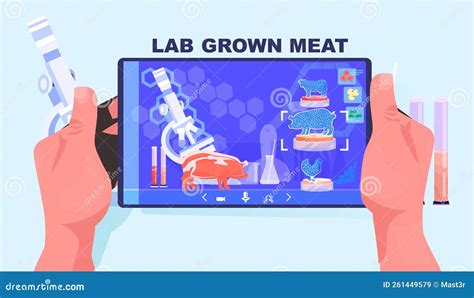 Scientist Analyzing Cultured Red Raw Meat On Tablet Pc Screen