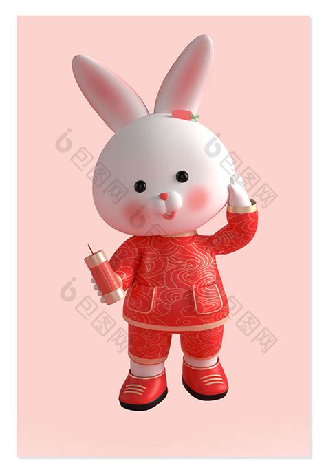 【新年喜庆3d卡通兔子手拿鞭炮】图片下载 包图网
