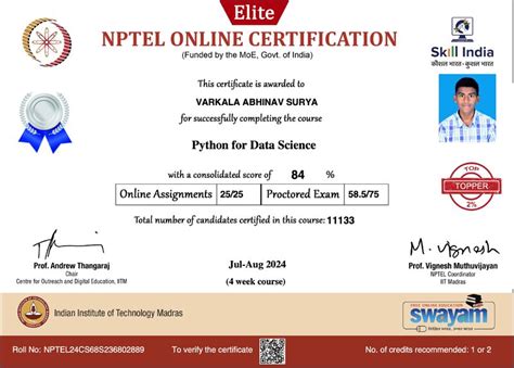 Datascience Python Nptel Elitecertificate Achievement