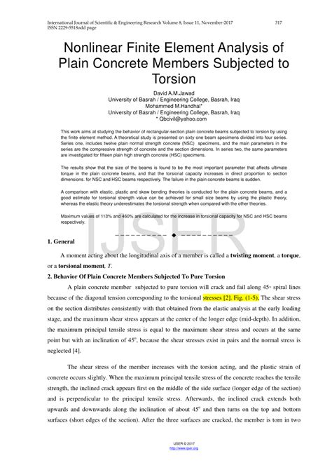 Pdf Nonlinear Finite Element Analysis Of Plain Concrete Members Subjected To Torsion