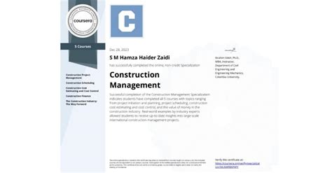Hamza Zaidi On Linkedin Completion Certificate For Construction Management