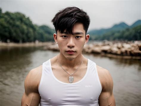 Premium Ai Image Handsome And Muscular Asian Guy With Tank Top