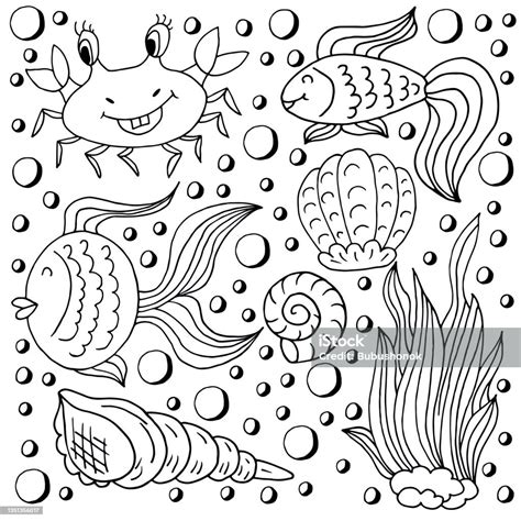 손으로 그리기 스타일의 아이콘 세트입니다 해양 테마에 도면의 컬렉션 생선 게 껍질 해초 강에 대한 스톡 벡터 아트 및 기타 이미지 Istock