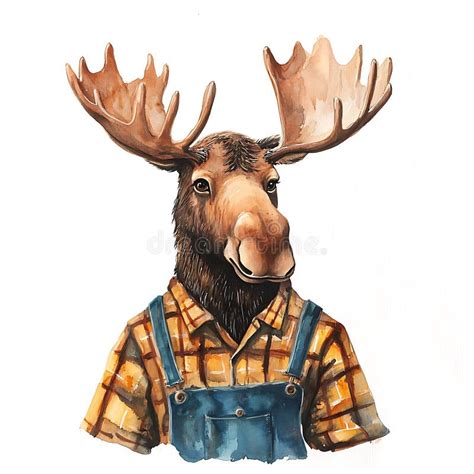 Watercolor Illustration Of A Moose Wearing Overalls And A Plaid Shirt Stock Illustration