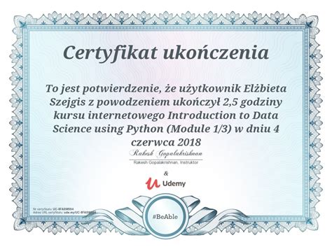 elżbieta maria szejgis on linkedin completion certificate for introduction to data science