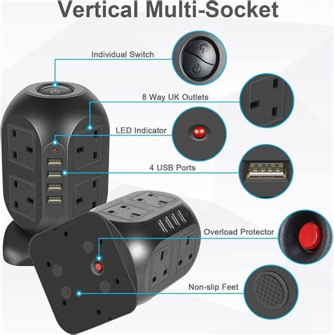 Tower Extension Lead With Usb 8 Way Outlets Vertical Power Strip Surge