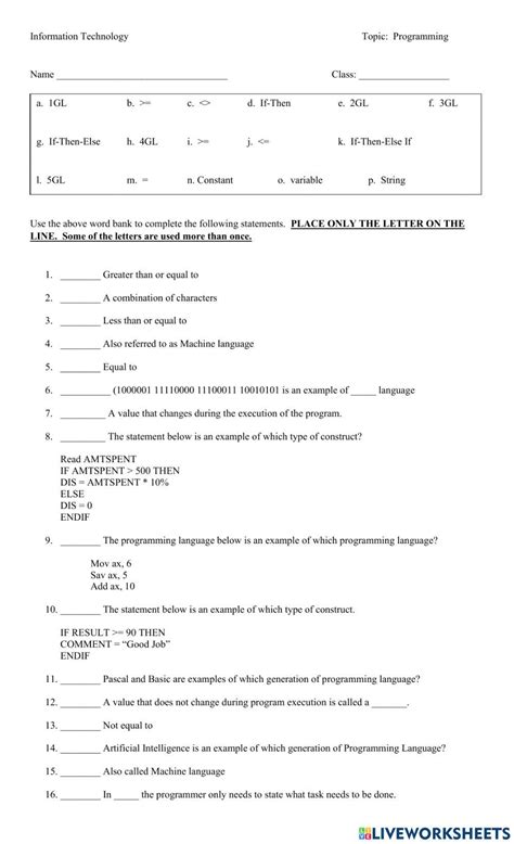 Programming Theory Test Online Exercise For Live Worksheets