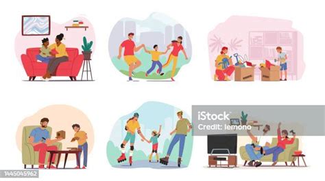 부모가 자녀와 시간을 보내도록 설정합니다 어머니와 아버지 가족 캐릭터와 아이들은 걷고 스케이트를 타고 놀고 있습니다 가족에 대한 스톡 벡터 아트 및 기타 이미지 Istock