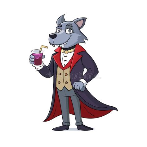 Cartoon Wolf Character Dressed As Dracula Drinking Juice On White Background Stock Vector
