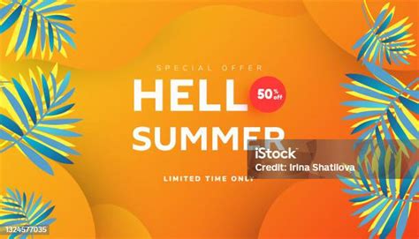 오렌지 배경에 열대 잎과 잘 익은 수박 슬라이스가있는 안녕하세요 여름 세일 배너 디자인 매장 마케팅 프로모션을위한 공간을 복사하십시오 0명에 대한 스톡 벡터 아트 및 기타