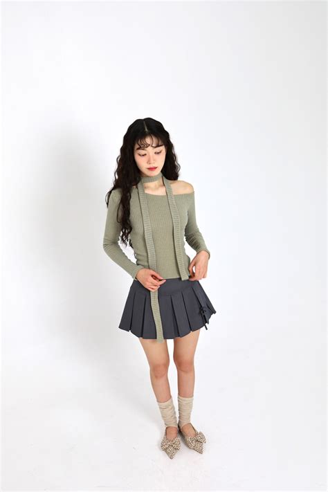 🩰발레코어룩데이트룩 골지 언발 오프숄더 티셔츠 And 머플러 투피스 셋업 4color 여리여리 실루엣