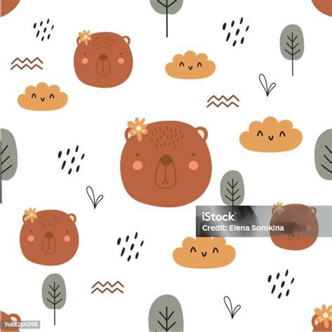 차일디쉬 베어 이음새가 없는 패턴 귀여운 곰 나무 구름 추상적인 인물이 있는 매끄럽고 유치한 패턴 손으로 그린 벡터 그림입니다