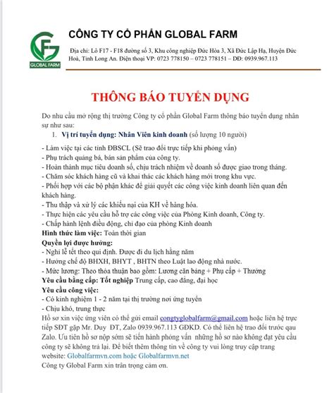 Thông báo tuyển dụng Công Ty CP GLOBAL FARM