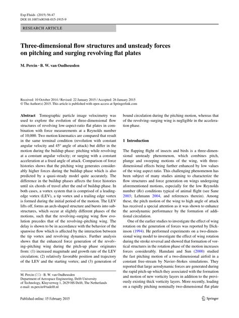 Pdf Three Dimensional Flow Structures And Unsteady Forces On Pitching And Surging Revolving