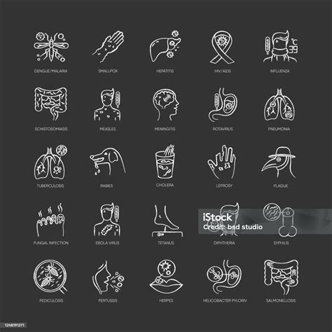 전염병 분필 흰색 아이콘 검은 배경에 설정 다른 전염병 감염 전염성 바이러스 성 질환 다양한 세균성 병원체 절연 벡터 칠판 그림 0명에 대한 스톡 벡터 아트 및 기타 이미지