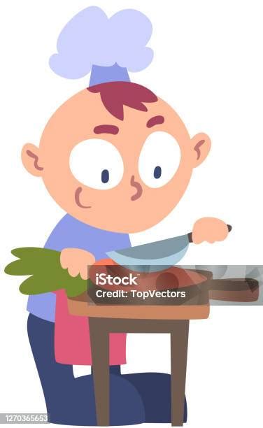 소년 요리사 요리사 칼 당근을 절단 흰색 모자를 입고 귀여운 아이 밥솥 캐릭터와 부엌 만화 스타일 벡터 일러스트에 맛있는 음식을 요리 에이프런 요리 가정 주방에 대한 스톡